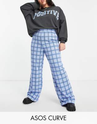 ASOS DESIGN Curve straight leg dad puddle hem pant in pop blue check | ASOS