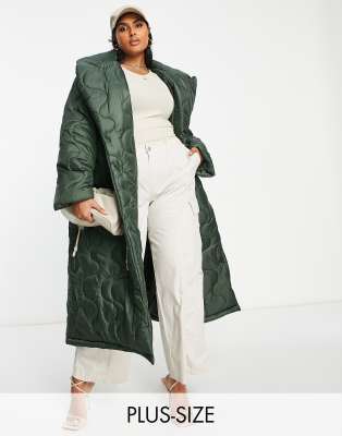 ASOS DESIGN Curve swirl puffer maxi puffer jacket in khaki | ASOS