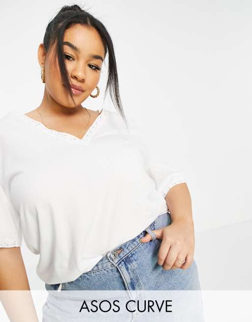 ASOS DESIGN Curve - T-shirt crop top col V avec bords en dentelle - Blanc | ASOS