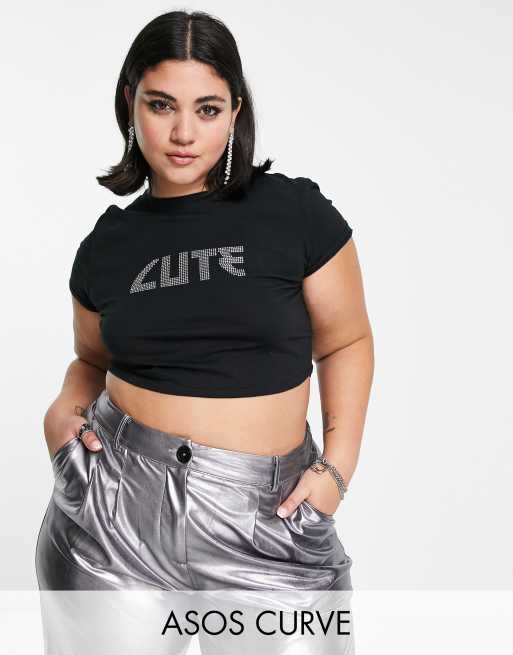 Asos Design Curve T Shirt In Schwarz Mit Strassverzierter „cute