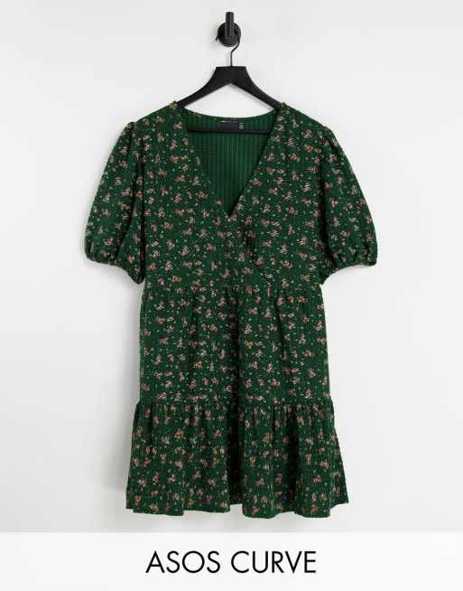 Asos Design Curve Textured Mini Wrap Dress With Pep Hem In Forest Green