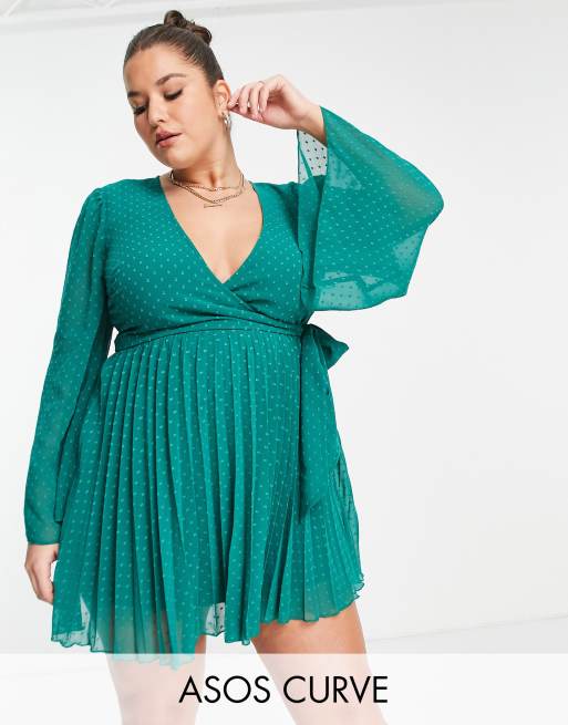 ASOS DESIGN Curve textured pleated wrap mini dress in antique green | ASOS