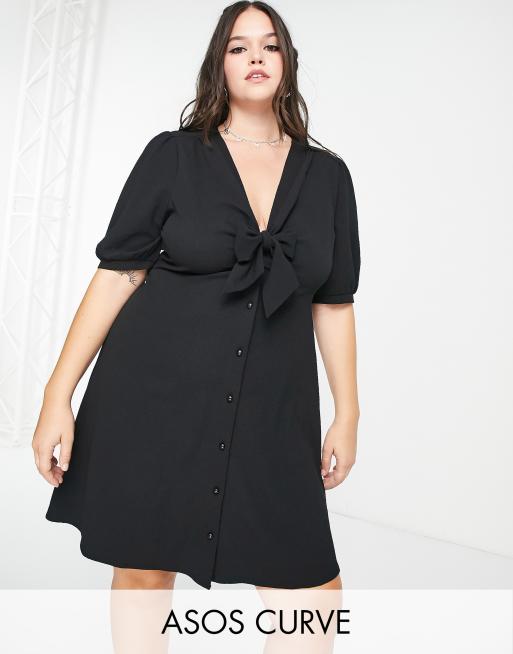 Asos Design Curve Tie Front Button Up Mini Dress In Black Asos