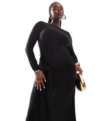 ASOS DESIGN Curve tie front exaggerated drape maxi dress in black | ASOS