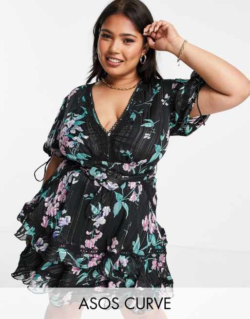 Asos Design Curve Tiered Mini Dress With Puff Sleeve In Burnout Stripe