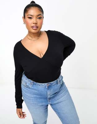 ASOS DESIGN Curve - Top cache-cœur à manches longues - Noir | ASOS