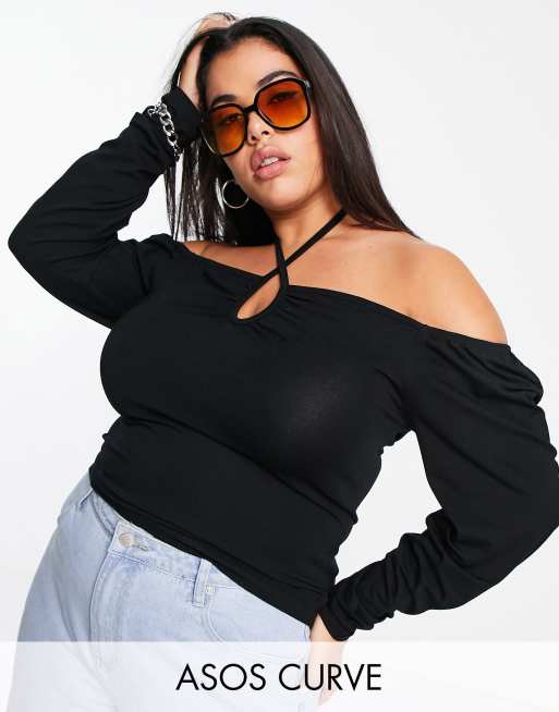 Asos Design Curve Top With Ruched Keyhole Detail In Black Asos