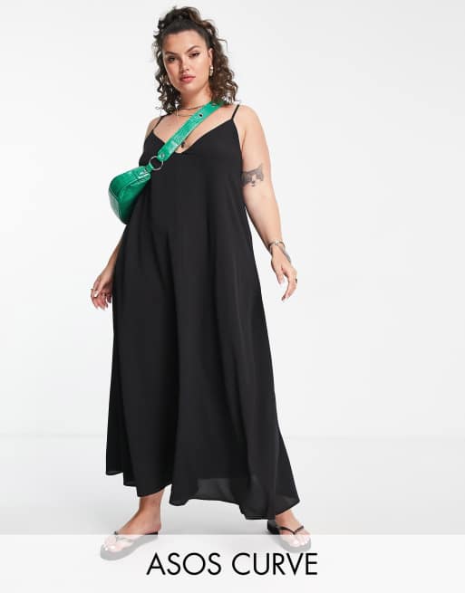 ASOS DESIGN Curve trapeze maxi slip dress in black | ASOS
