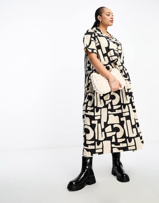Asos Design Curve Twill Collared Button Midi Smock Dress In Mono