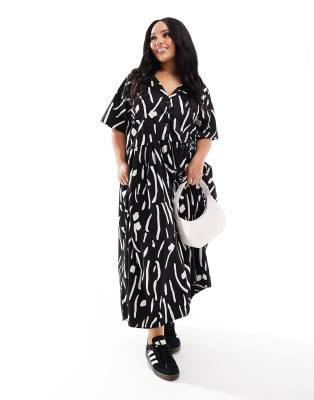 ASOS DESIGN curve twill collared button midi smock dress in mono blur ...