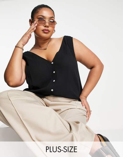 Asos Design Curve V Neck Crinkle Tank Top With Shell Buttons In Black