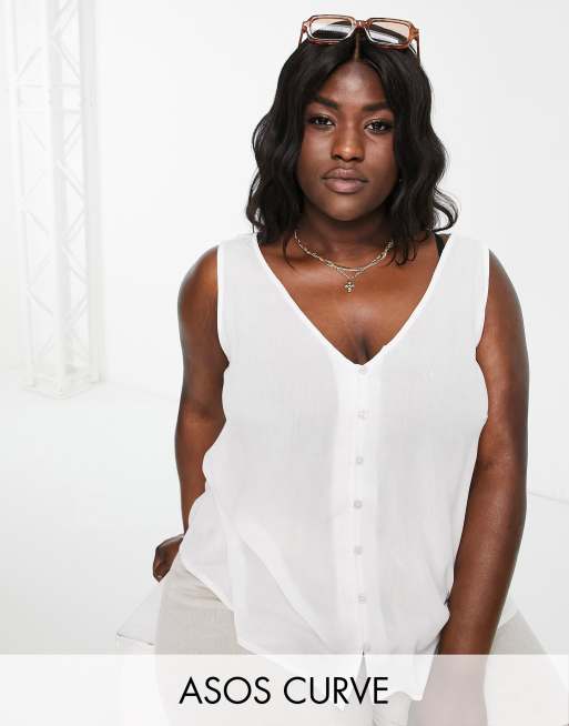 Asos Design Curve V Neck Crinkle Tank Top With Shell Buttons In Ivory