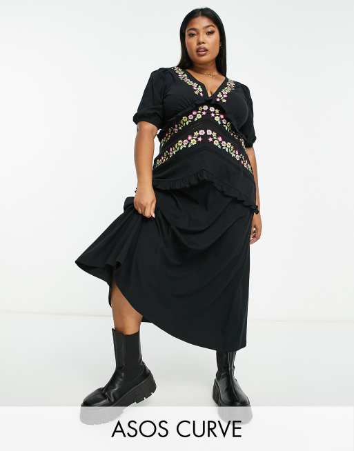 Asos Design Curve V Neck Midi Dress With Frill Detail And Embroidery In