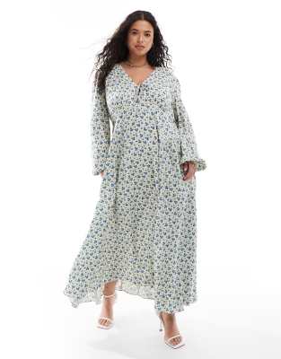 ASOS DESIGN Curve viscose v-neck long sleeve midi dress with tie front detail in ditsy floral | ASOS