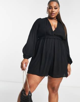 ASOS DESIGN Curve volume sleeve plunge beach romper in black | ASOS