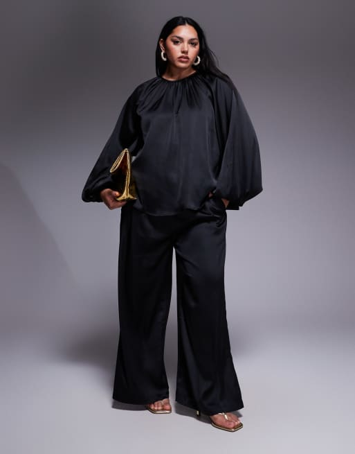 ASOS DESIGN Curve volume sleeves satin blouse in black | ASOS