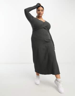 ASOS DESIGN Curve waffle twist front midi dress with long sleeve in dark grey | ASOS