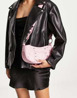 ASOS DESIGN curved crossbody bag with studding in pink croc | ASOS