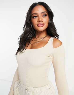 ASOS DESIGN cut out shoulder bodysuit in stone - STONE | ASOS