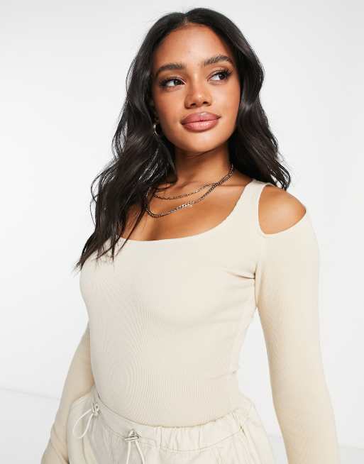 ASOS DESIGN cut out shoulder bodysuit in stone - STONE | ASOS