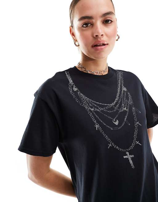 ASOS DESIGN – Czarny T-shirt oversize z grafiką z naszyjnikami | ASOS ASOS DESIGN – Czarny T-shirt oversize z grafiką z naszyjnikami | ASOS