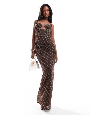 ASOS DESIGN deep cowl neck mesh maxi dress with exposed bra detail in ...