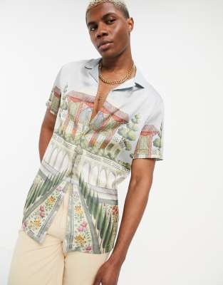 ASOS DESIGN deep revere shirt with palace scene print in satin | ASOS