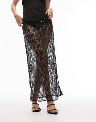 ASOS DESIGN delicate lace scatter sequin maxi skirt in black | ASOS