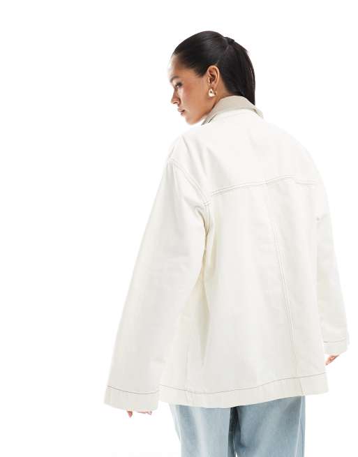 ASOS DESIGN denim barn jacket with contrast collar in ecru | ASOS