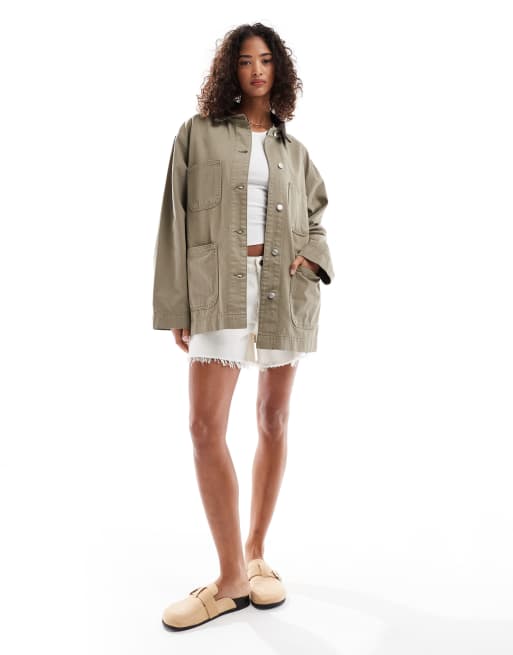 ASOS DESIGN denim barn jacket with contrast collar in khaki | ASOS