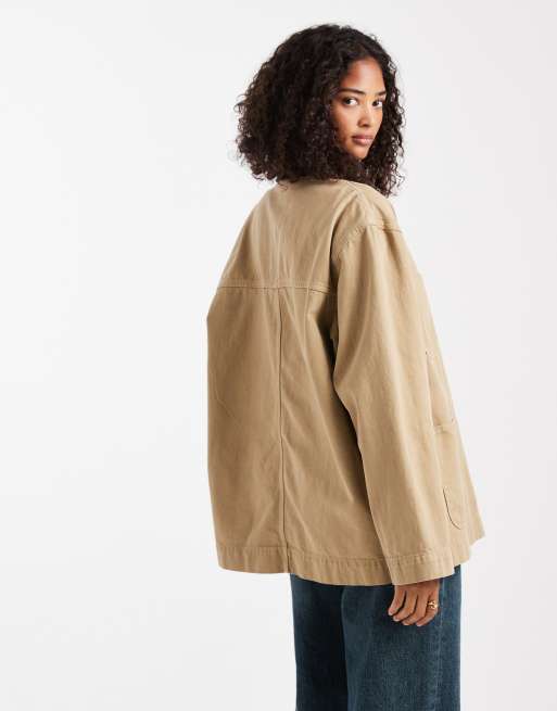 ASOS DESIGN denim barn jacket with contrast collar in stone | ASOS