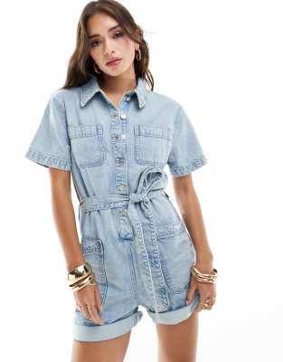 ASOS DESIGN denim boxy romper with belt in light wash blue | ASOS