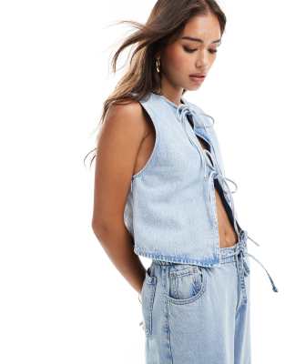 ASOS DESIGN denim boxy tie front waistcoat in bleach | ASOS