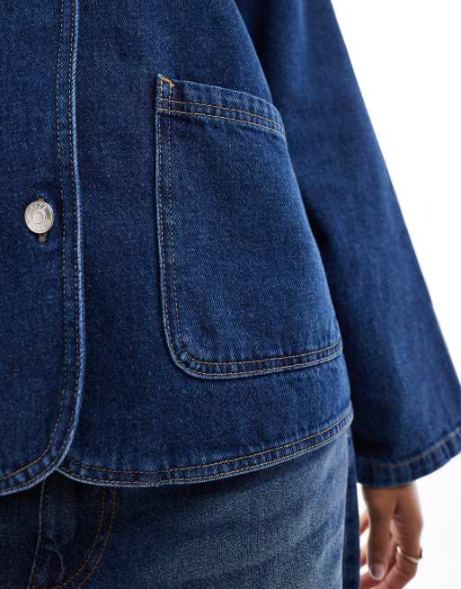 ASOS DESIGN denim collarless utility jacket in mid blue | ASOS