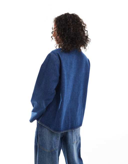 ASOS DESIGN denim collarless utility jacket in mid blue | ASOS