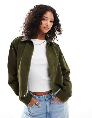 ASOS DESIGN denim contrast collar jacket in khaki | ASOS