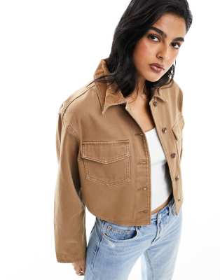 ASOS DESIGN denim cropped jacket with contrast collar in caramel | ASOS