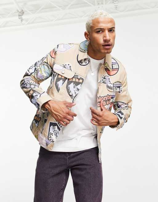 ASOS DESIGN denim jacket with all over print in stone | ASOS