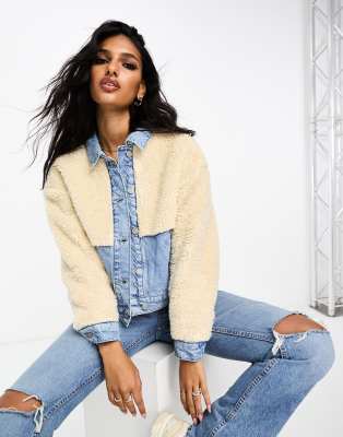 ASOS DESIGN denim jacket with borg fleece detail in washed blue | ASOS