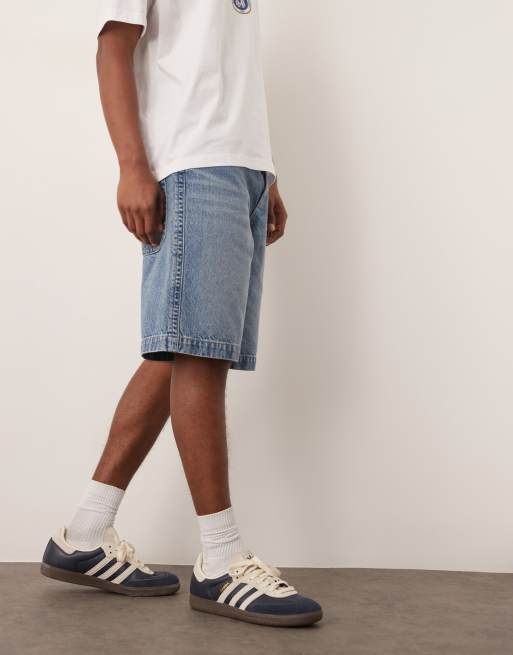 ASOS DESIGN denim jorts with embroidered pockets in light wash blue | ASOS