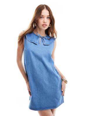 ASOS DESIGN denim large collar dress in mid blue | ASOS