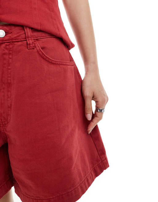 ASOS DESIGN denim longline a line shorts in red | ASOS