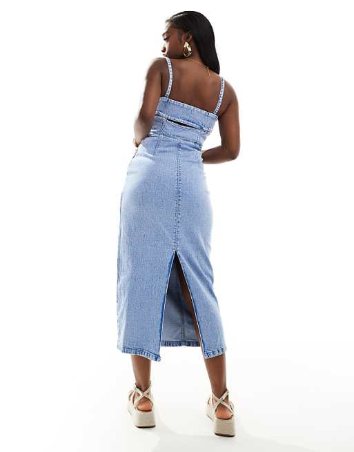 ASOS DESIGN denim midi cami dress with cut out back in bromo ASOS DESIGN denim midi cami dress with cut out back in bromo