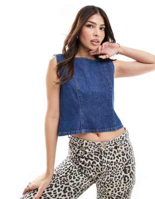 ASOS DESIGN denim peplum top in mid blue | ASOS