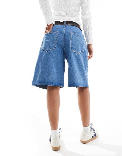 ASOS DESIGN denim pleated jorts in mid blue | ASOS