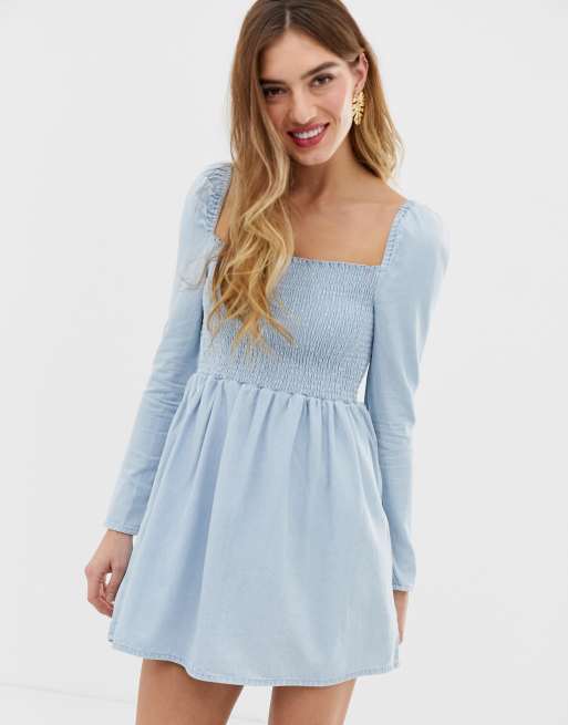 Asos Design Denim Shirred Mini Smock Dress In Lightwash Blue Asos
