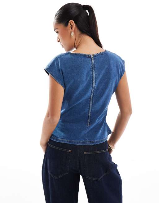 ASOS DESIGN denim top with batwing sleeves in mid blue | ASOS