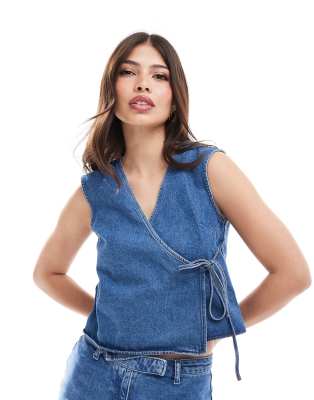 ASOS DESIGN denim wrap top in mid blue | ASOS