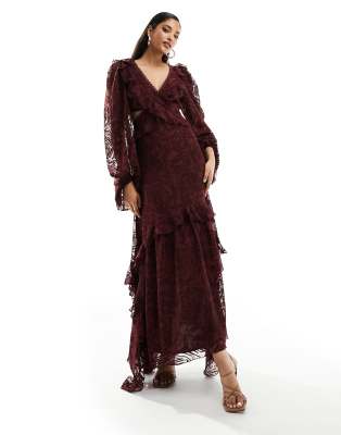 ASOS DESIGN devore cut out waist maxi dress with open back in burgundy ...