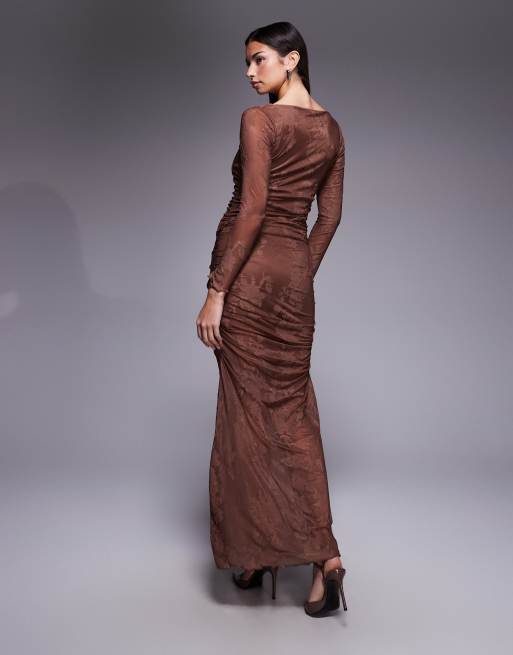 ASOS DESIGN devore long sleeve ruched maxi dress in chocolate | ASOS